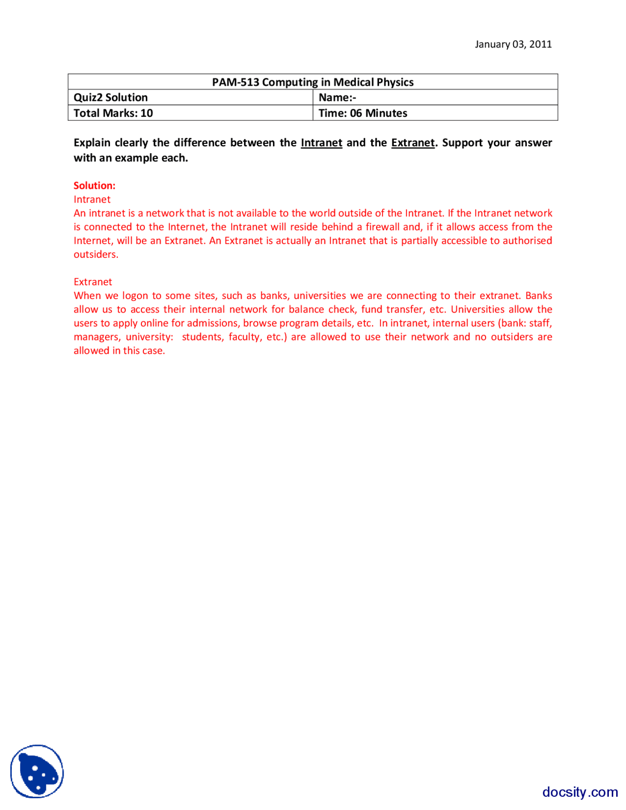 Intranet And Extranet Computation In Medical Physics Quiz Solution