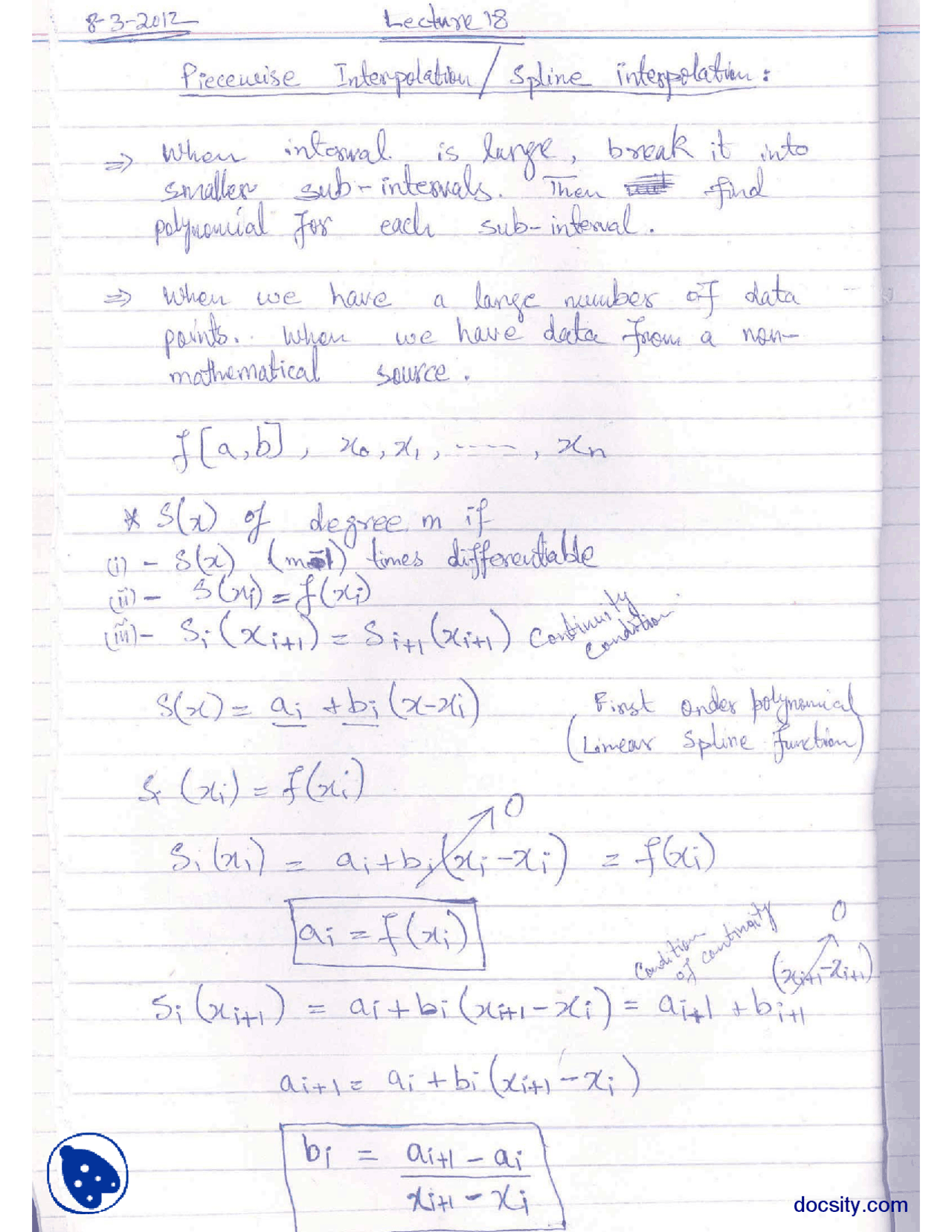 Piece Wise Interpolation Spline Interpolation Numerical Methods Lecture Notes Docsity