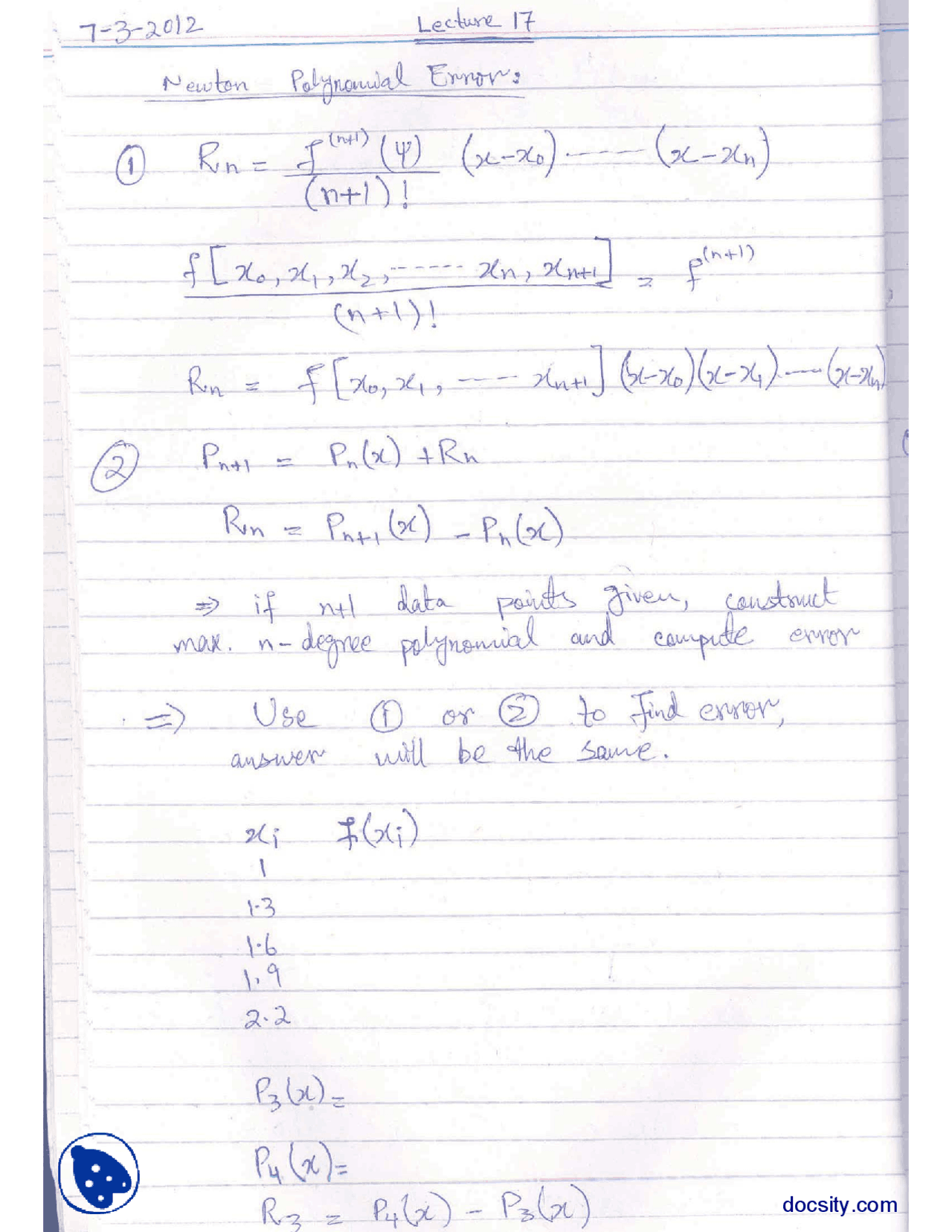 Newton Polynomial Error Numerical Methods Lecture Notes Docsity