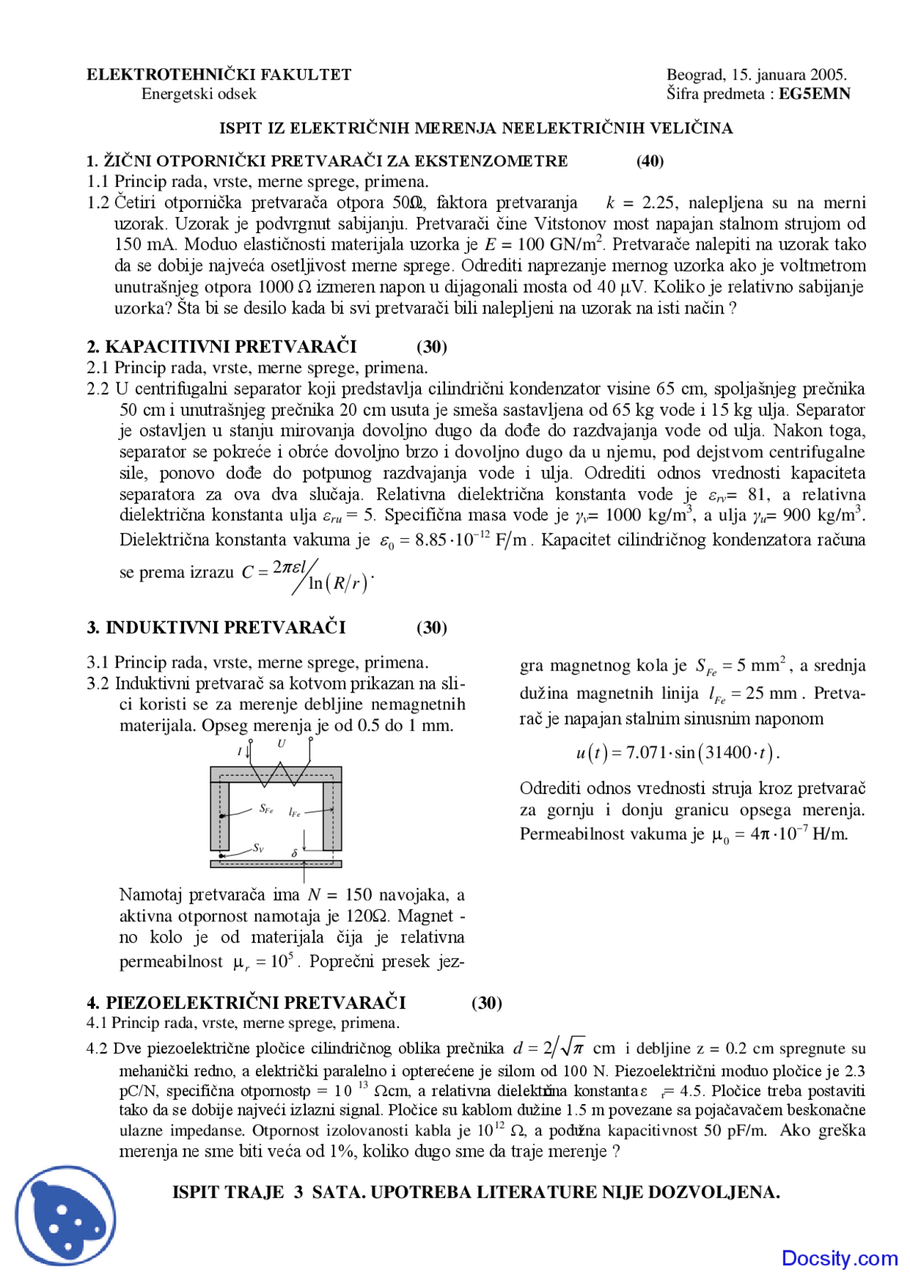 Elektricna merenja neelektricnih velicina-Ispit-Elektrotehnicki fakultet JAN05Z | Ispiti ...