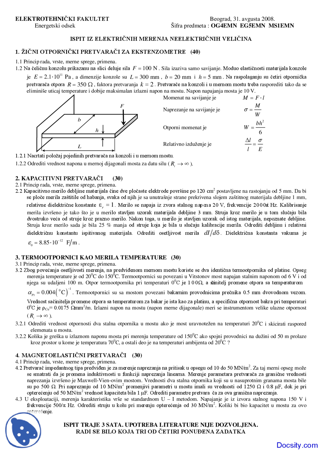 Elektricna merenja neelektricnih velicina-Ispit-Elektrotehnicki fakultet sep08z | Ispiti ...