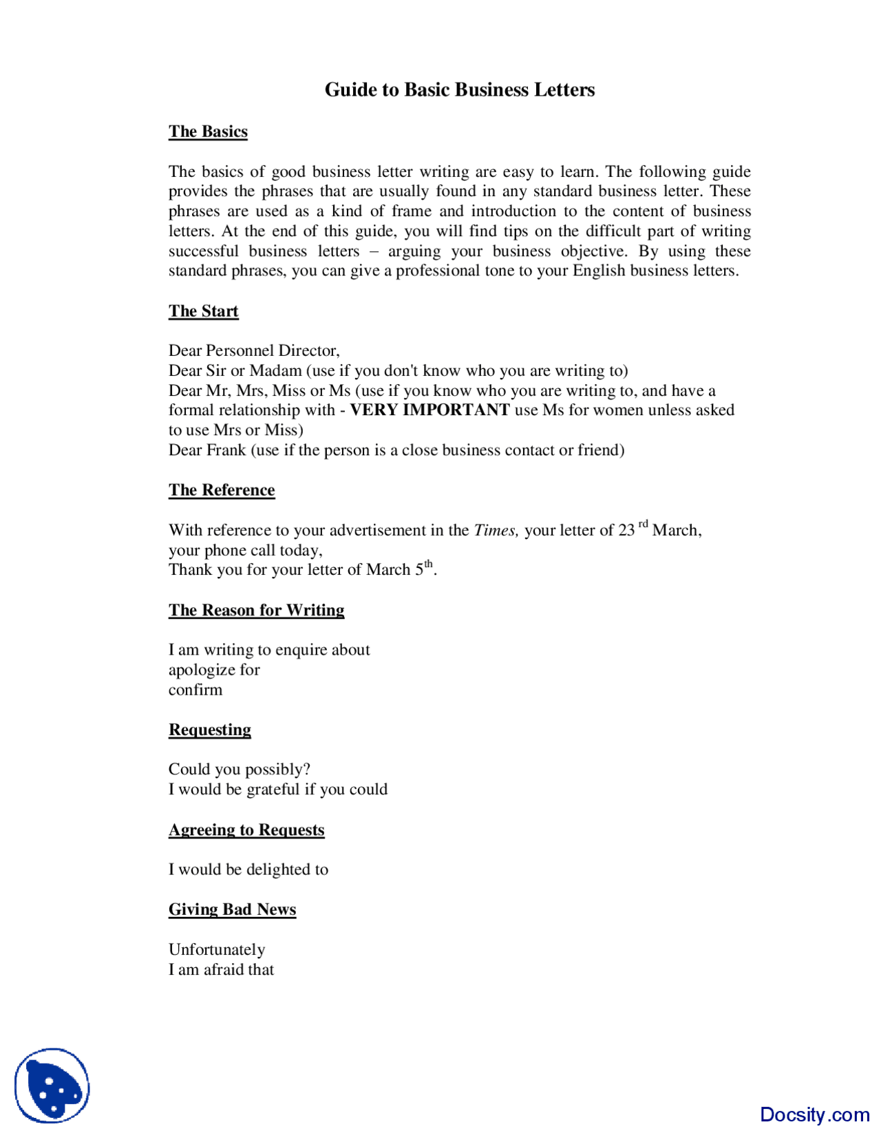 Guide to Basic Business Letters-Business Communication-Lecture Handout ...