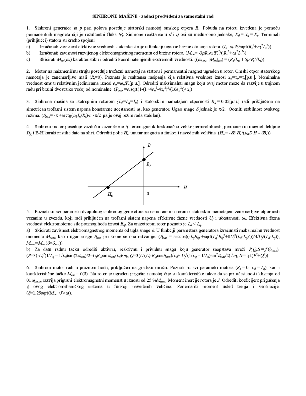 Sinhrone masine-Elektricne masine-Vezbe samostalni | Vežbe' predlog Električne mašine | Docsity