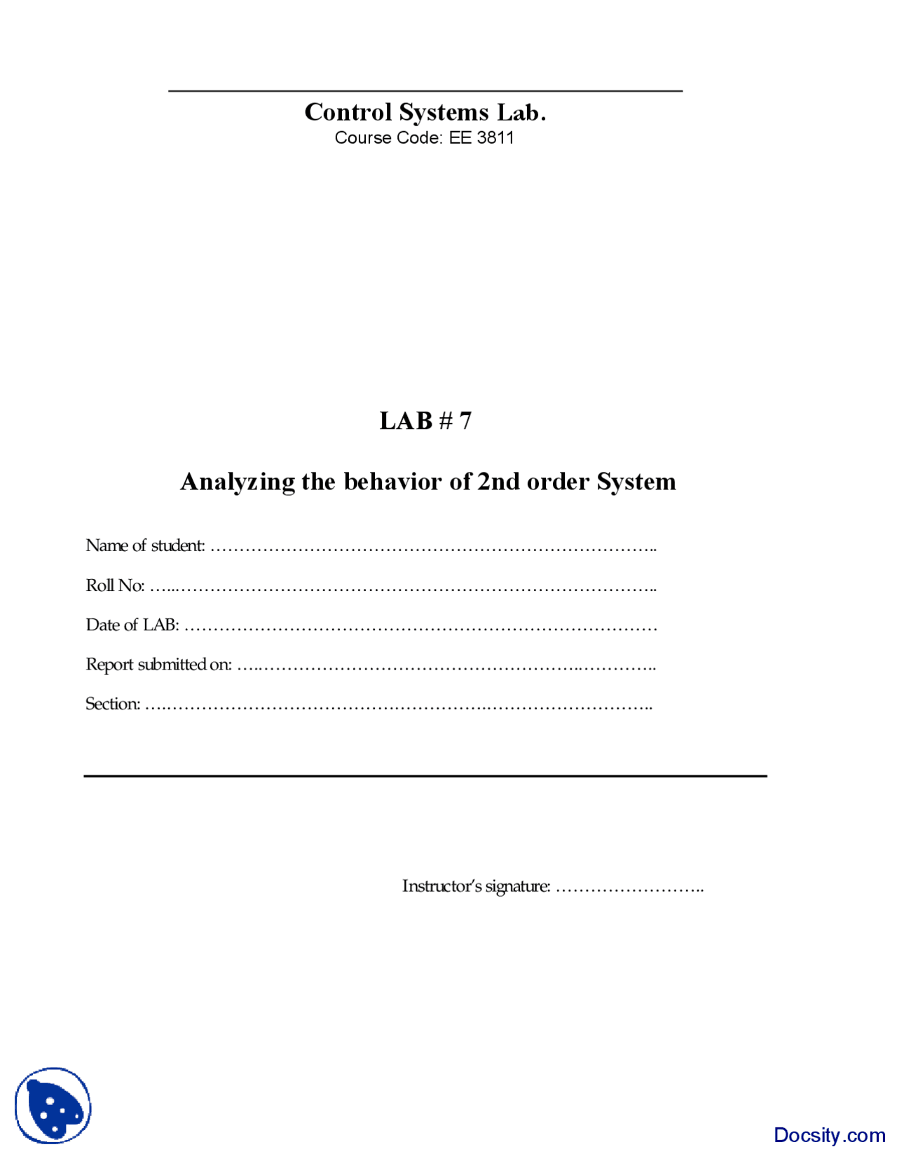 Analyzing Behaviour of Second Order Systems-Control Systems Analysis-Lab Manual - Docsity