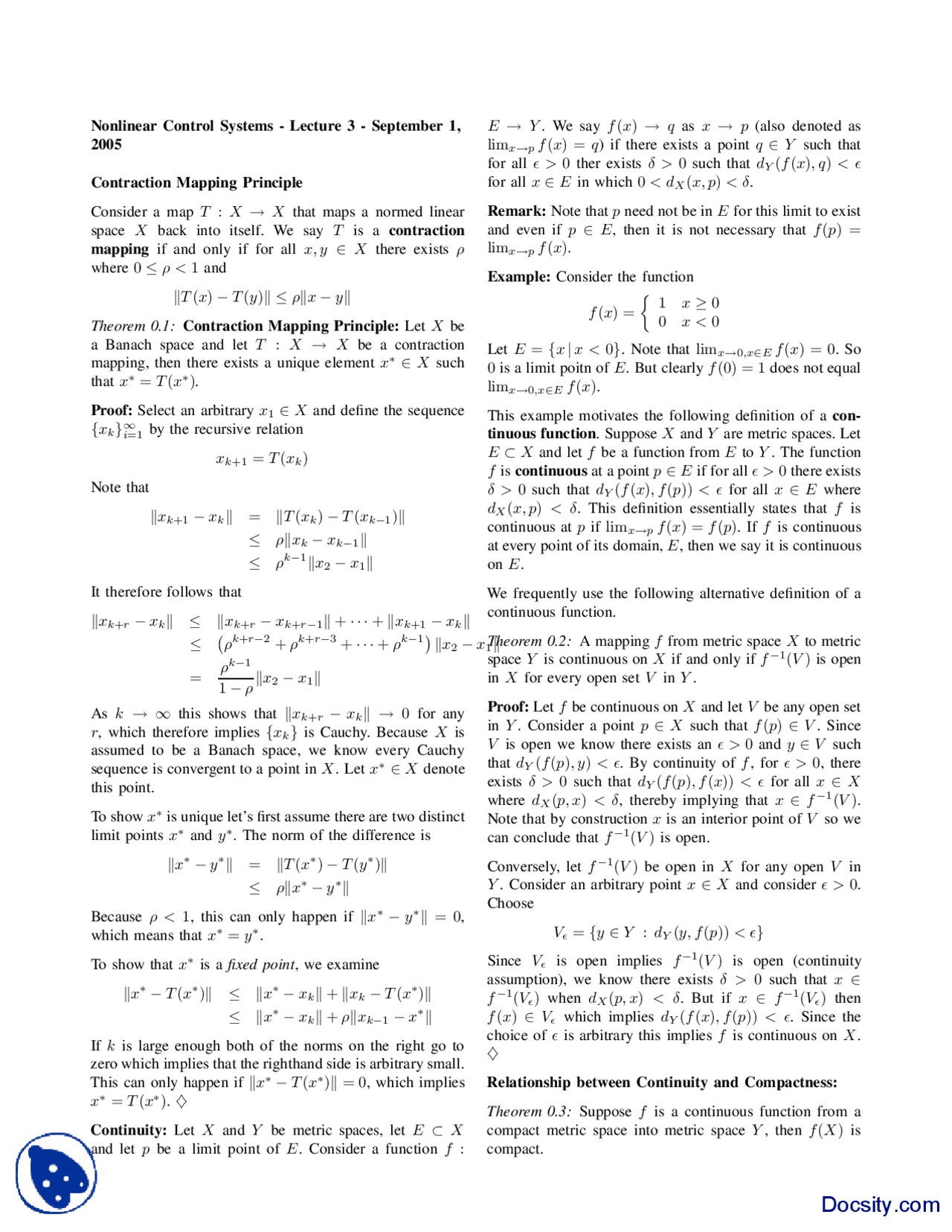 Contraction Mapping Principle Control Of Non Linear Systems Handout