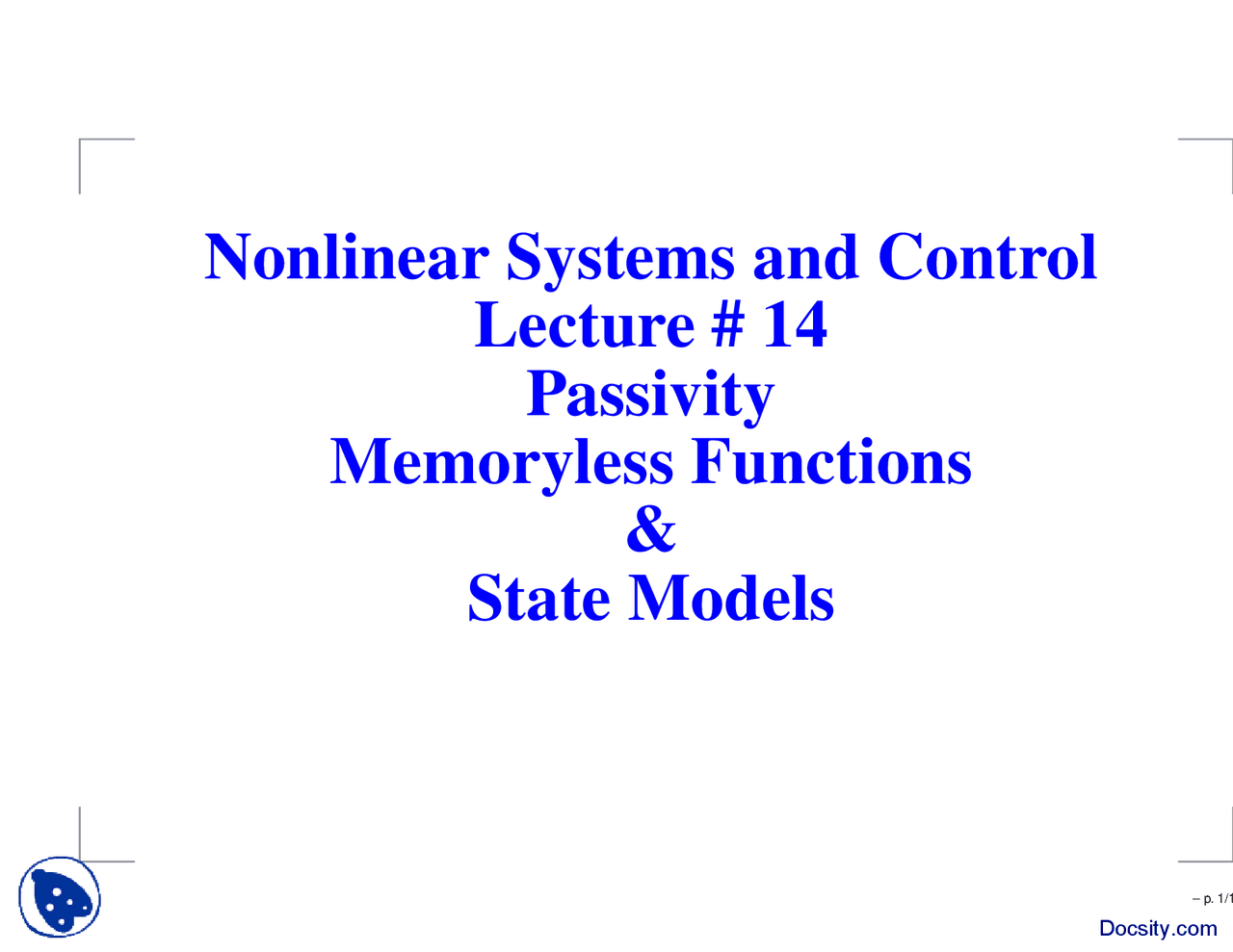 Memoryless Functions And State Models Control Of Non Linear Systems