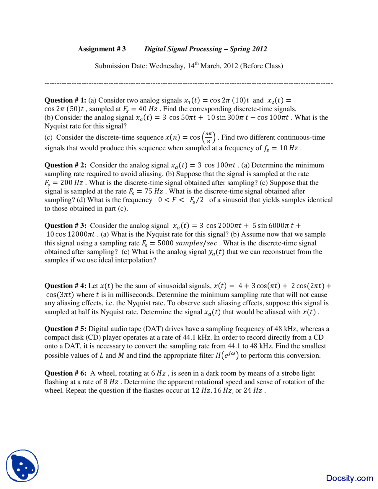 Nyquist Rate-Digital Signal Processing-Assignment - Docsity