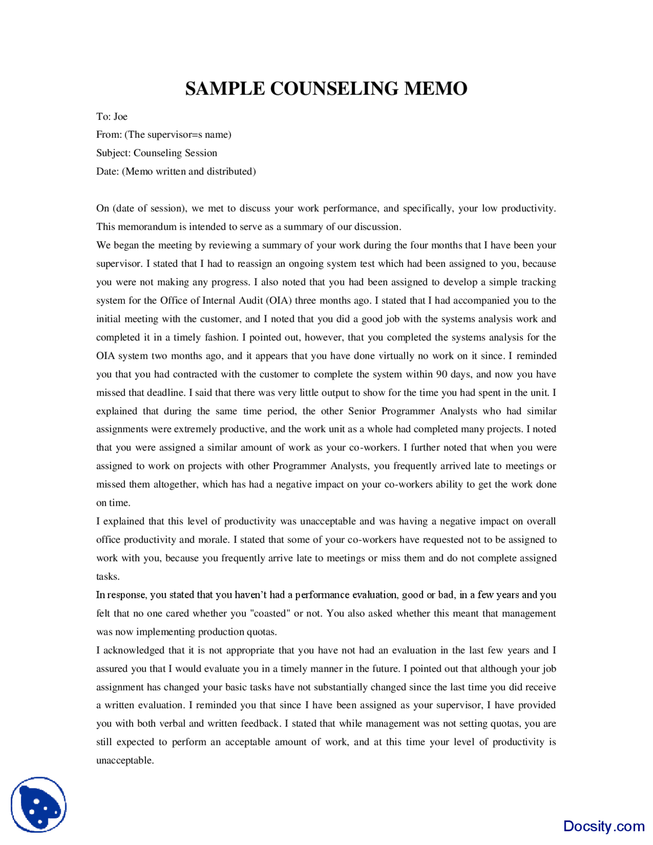Sample Counseling Memo Communication In Business Lecture Handout Docsity