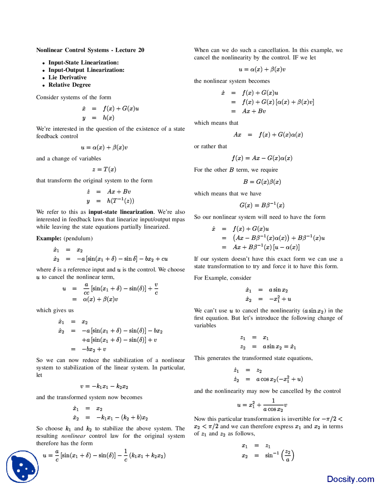 Input State Linearization Control Of Non Linear Systems Handout Docsity