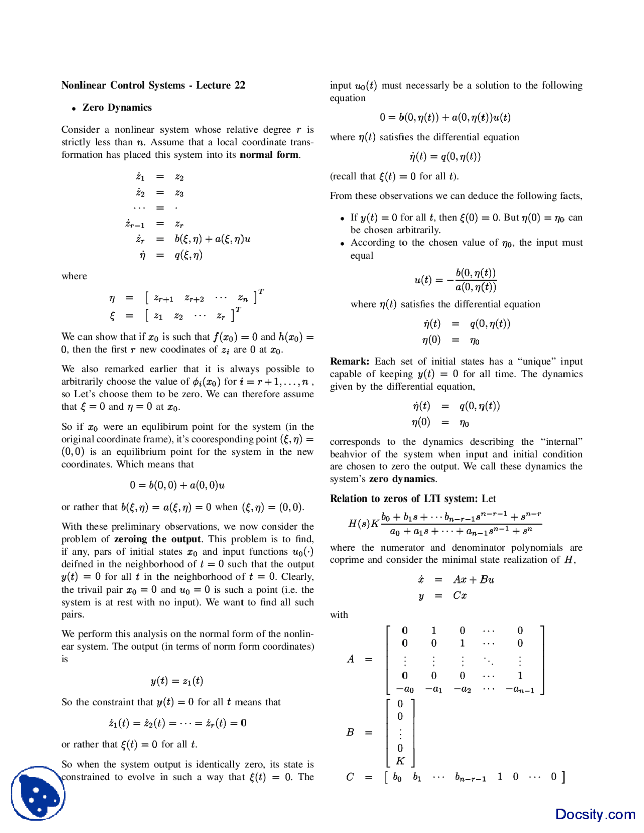 Zero Dynamics Non Linear Control Systems Handout Docsity