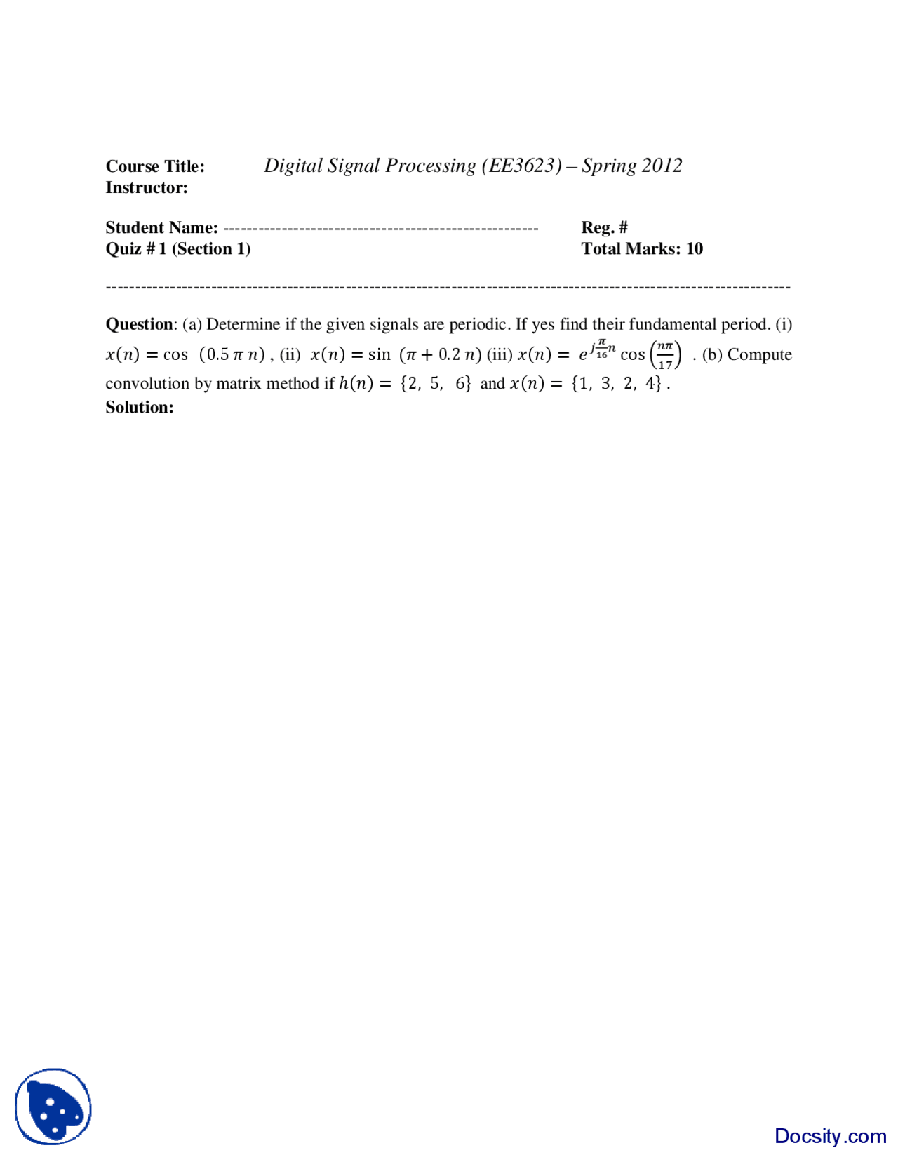 Convolution Matrix Method Digital Signal Processing Quiz Exercises