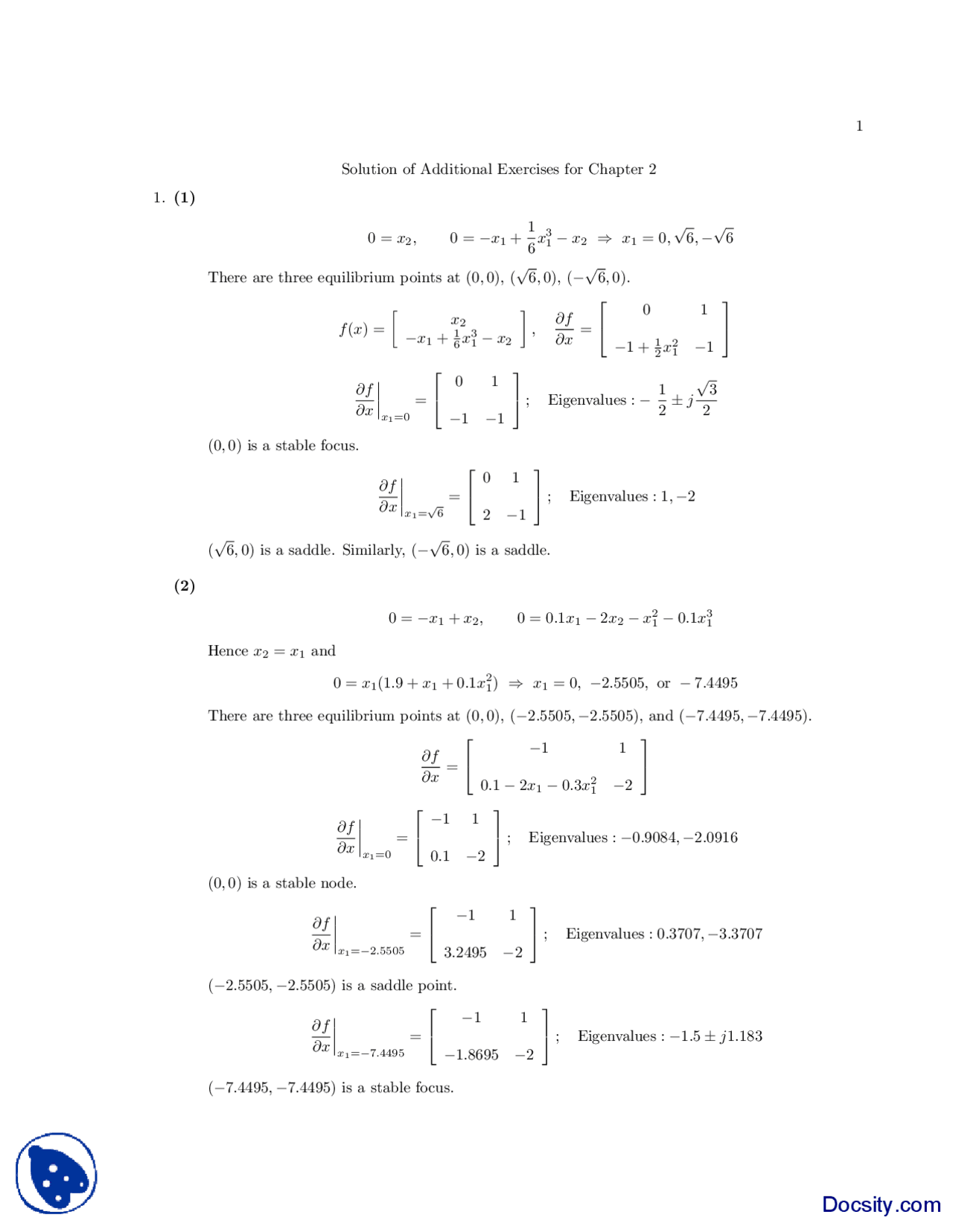 Chapter Two Solutions Control Of Non Linear Systems Handout Docsity