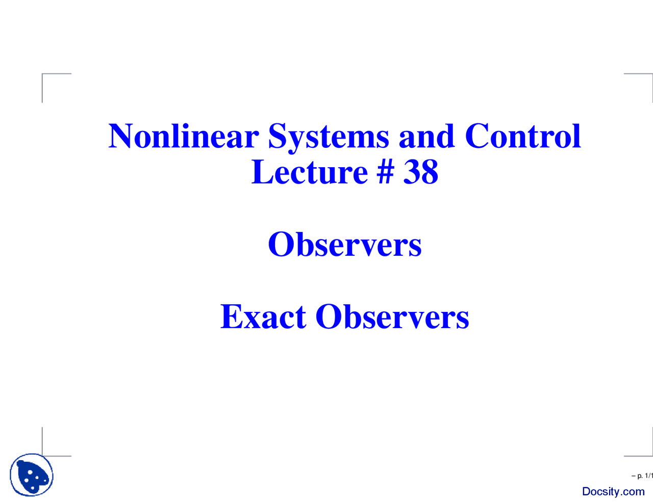Exact Observers Control Of Non Linear Systems Lecture Slides Docsity