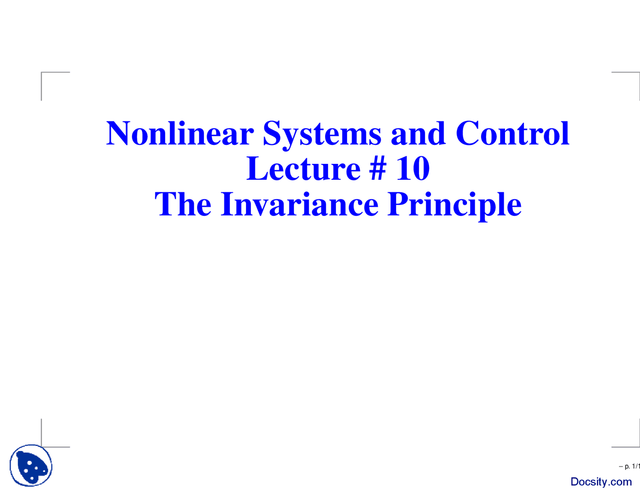 The Invariance Principle Non Linear Control Systems Lecture Slides