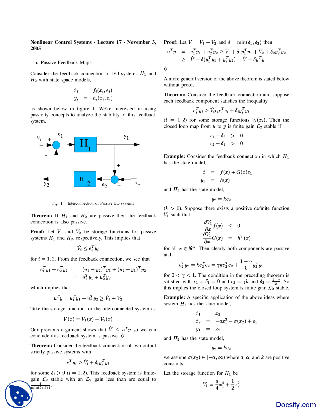 Passive Feedback Maps Control Of Non Linear Systems Handout Docsity