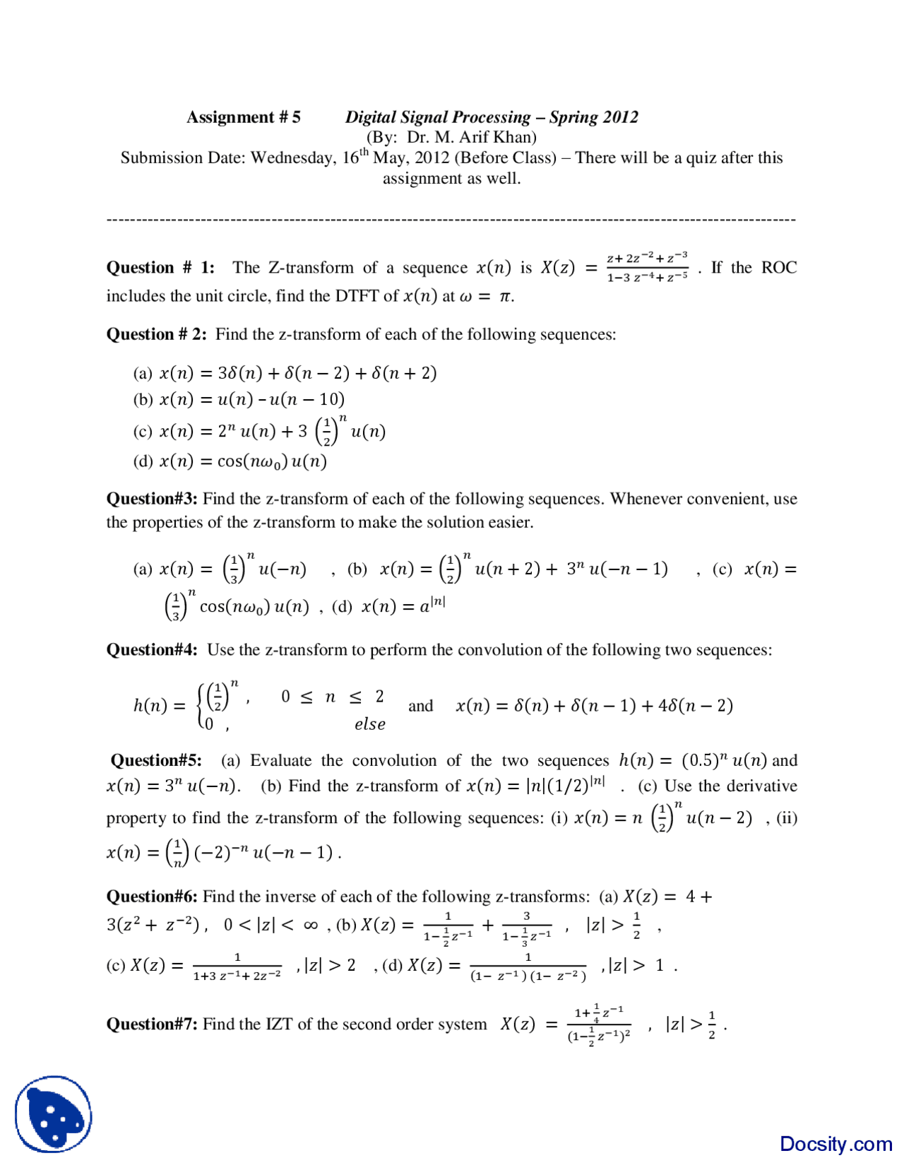 Z Transforms And Inverses Transforms In Digital Signal Processing Assignment Docsity