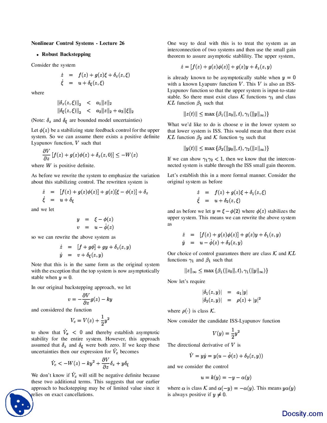 Robust Backstepping Non Linear Control Systems Handout Docsity