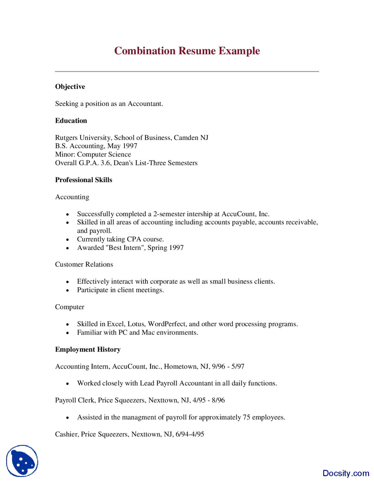 Combination Resume Example Communication In Business Lecture Handout