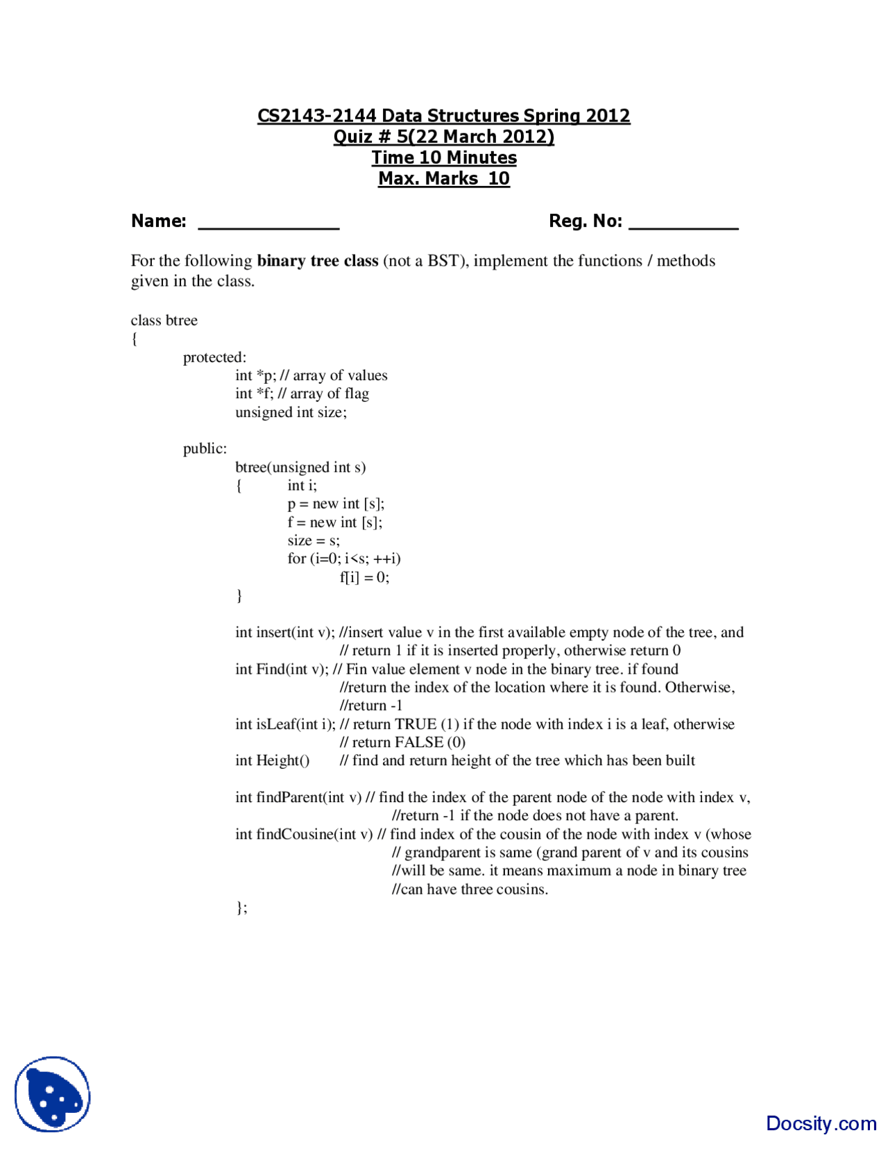 Binary Class Tree 1 Data Stucture Programming Quiz Docsity