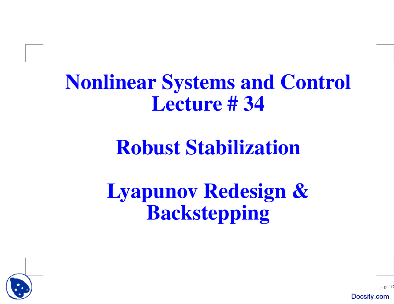 Lyapunov Redesign Non Linear Systems Control And Analysis Lecture Slides Docsity