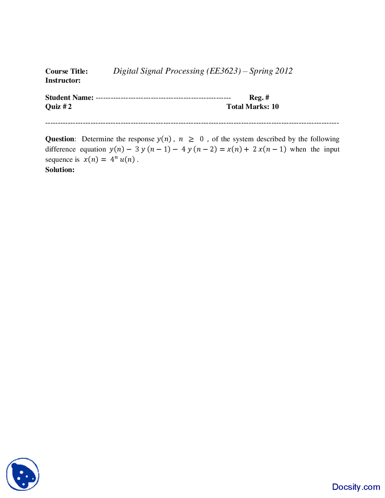 Difference Equations Digital Signal Processing Quiz Docsity