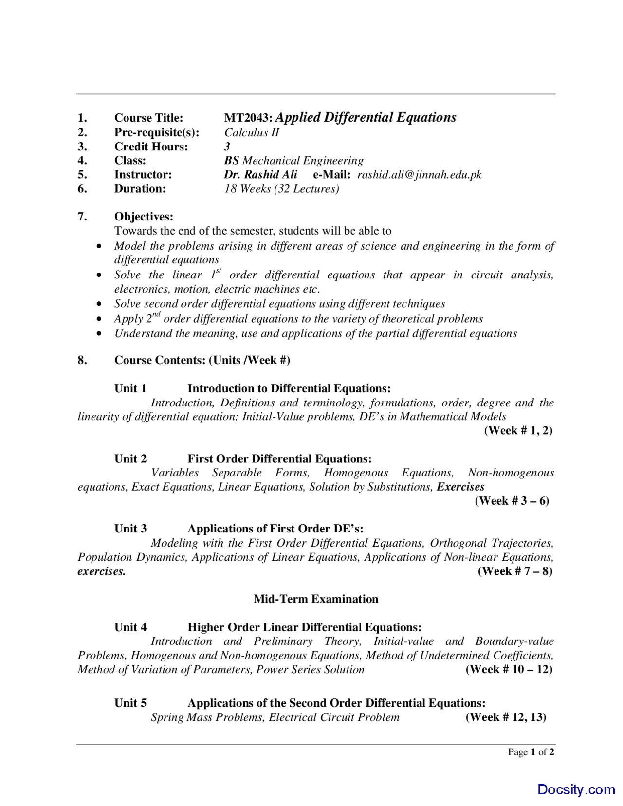 Course File Applied Differential Equations Handout Docsity