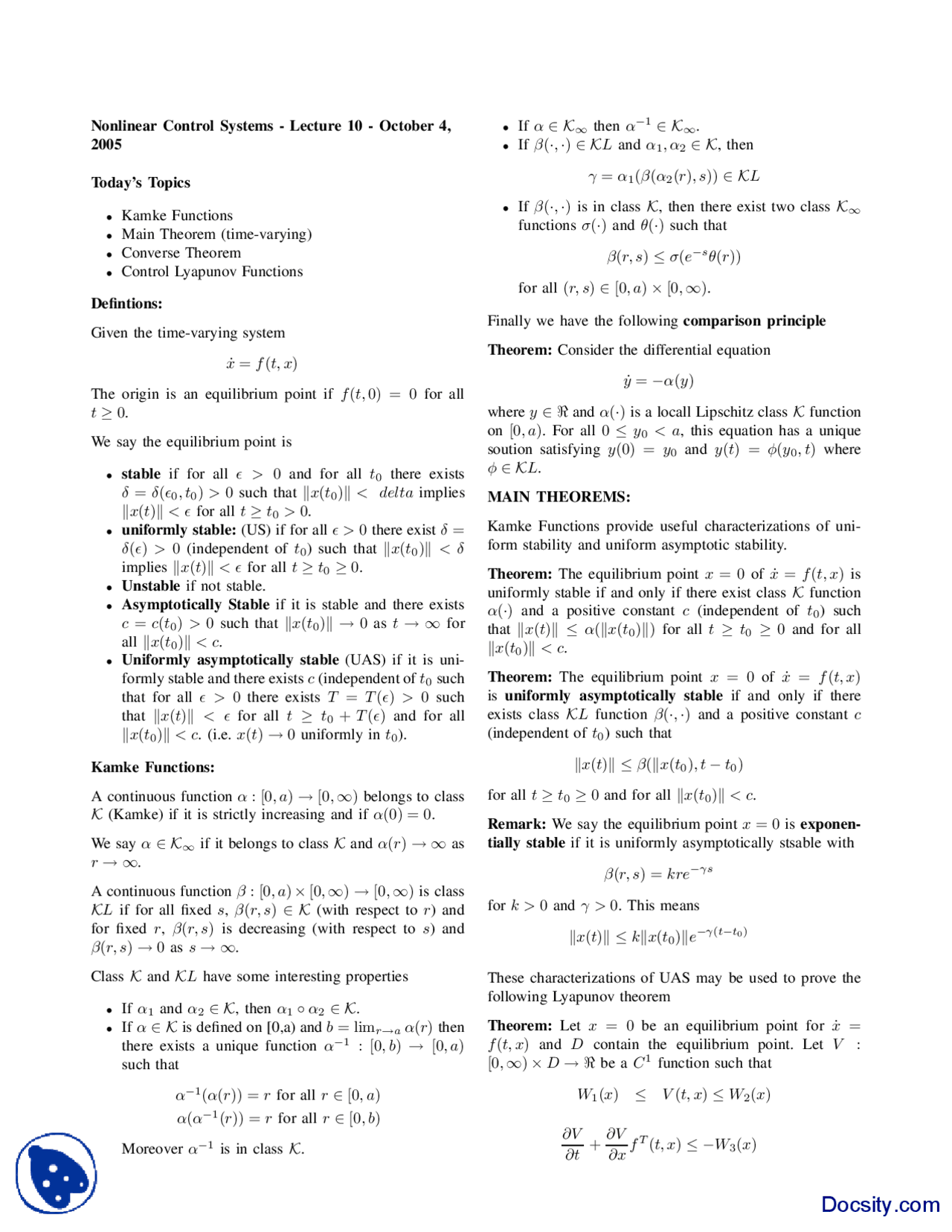 Kamke Functions-Analysis of Non Linear Control Systems-Handout - Docsity