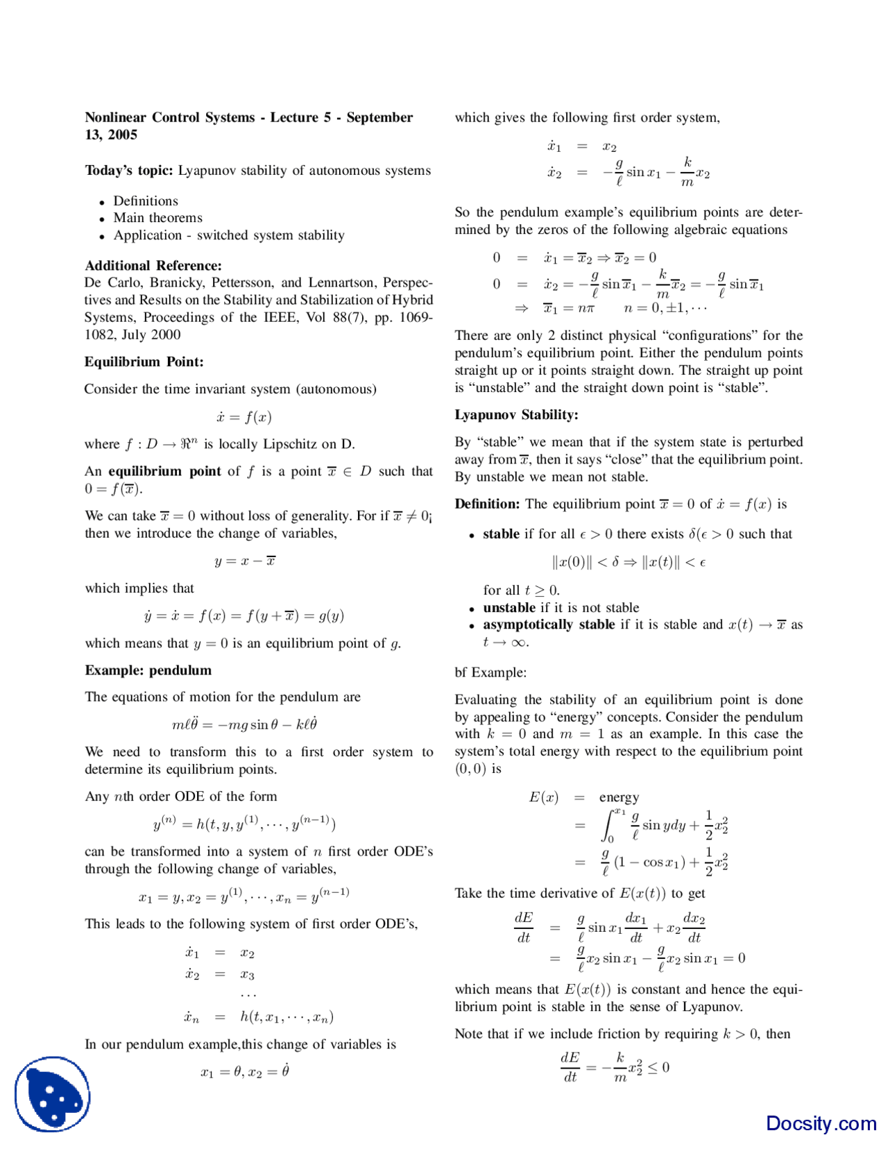 Lyapunov Stability-Control of Non Linear Systems-Handout - Docsity