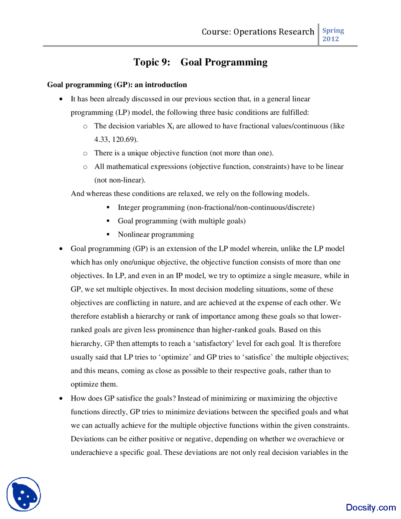 Goal Programming-Operations Reasrch-Course Outline | Lecture notes ...