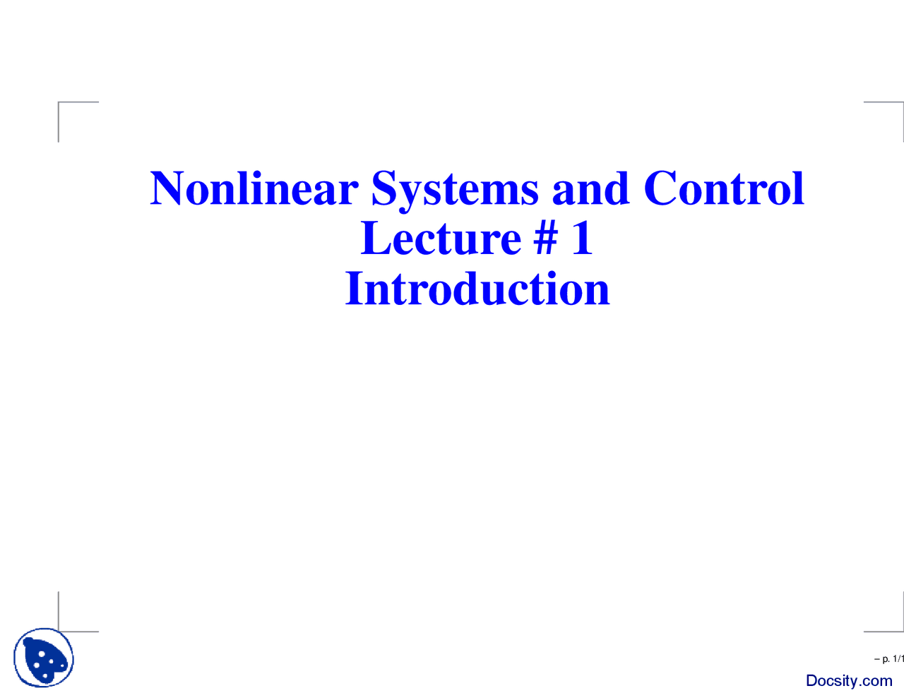 Introduction Concepts In Non Linear Systems Control Lecture Slides Docsity