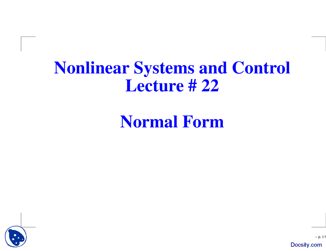 Normal Form-Non Linear Control Systems-Lecture Slides | Slides Nonlinear Control Systems | Docsity