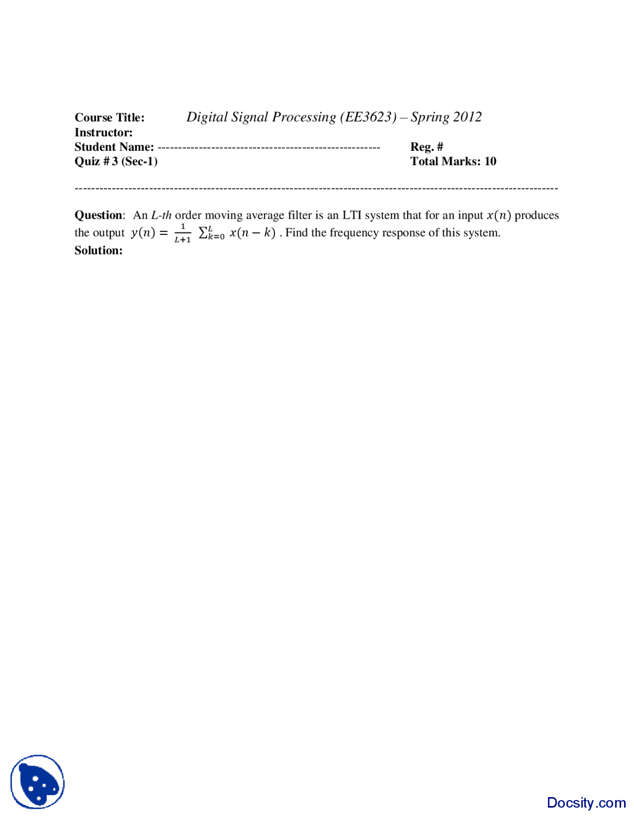 Lti Systems Digital Signal Processing Quiz Docsity