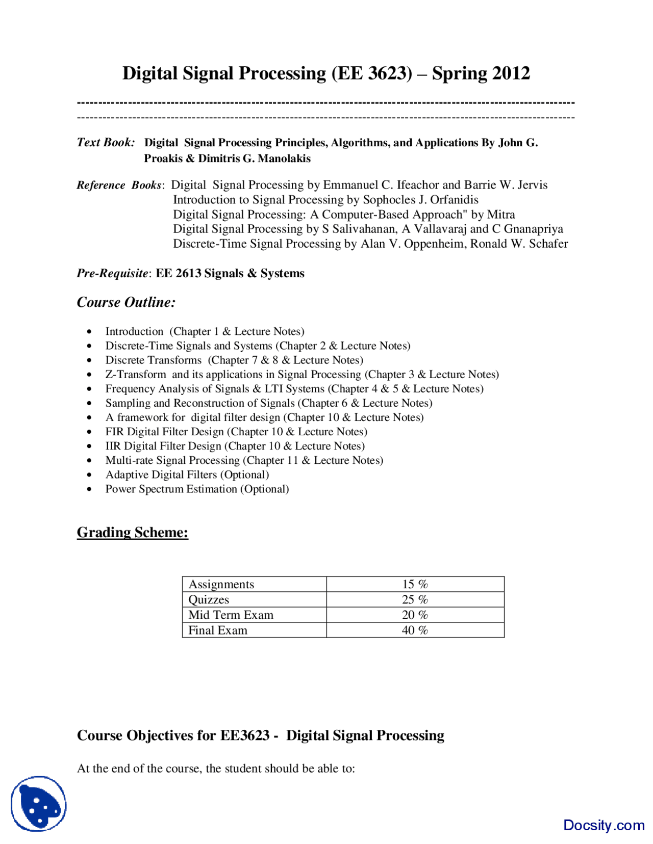 Course Outline Digital Signal Processing Handout Docsity