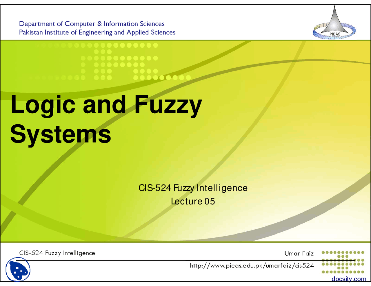 Logic And Fuzzy Systems Fuzzy Intelligence Lecture Slides Docsity