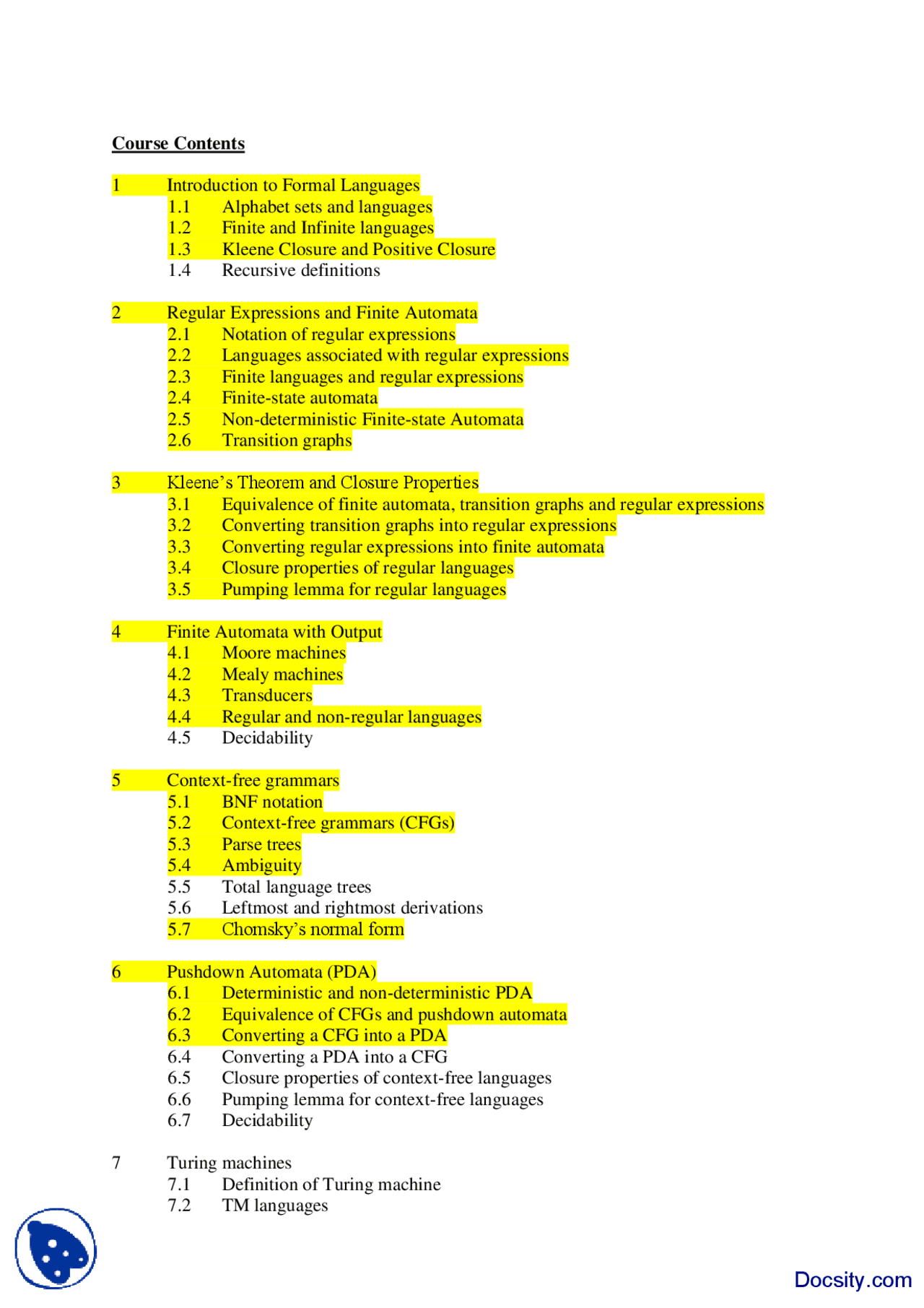 Course Outline Theory Of Automata Handout Exercises Theory Of