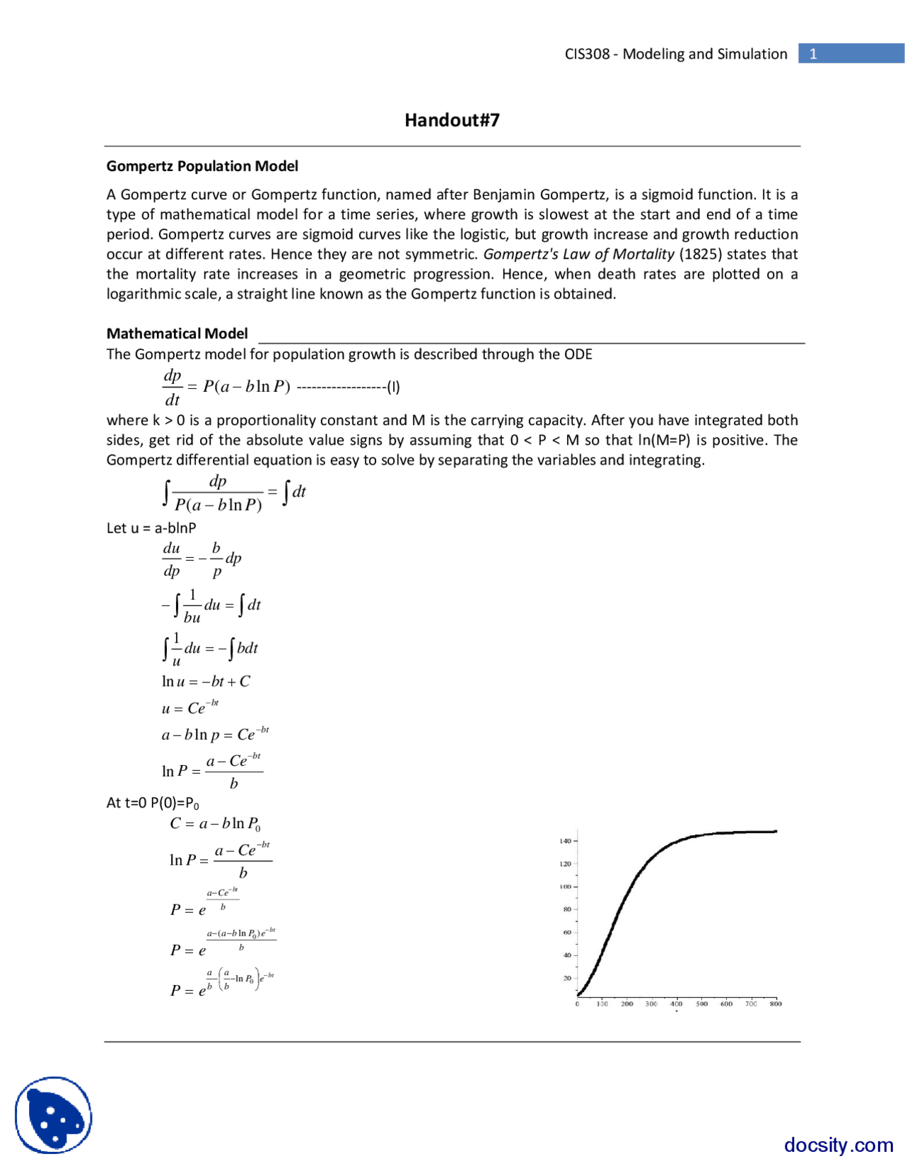 Gompertz Population Model-Modeling and Simulation-Lecture Handouts - Docsity