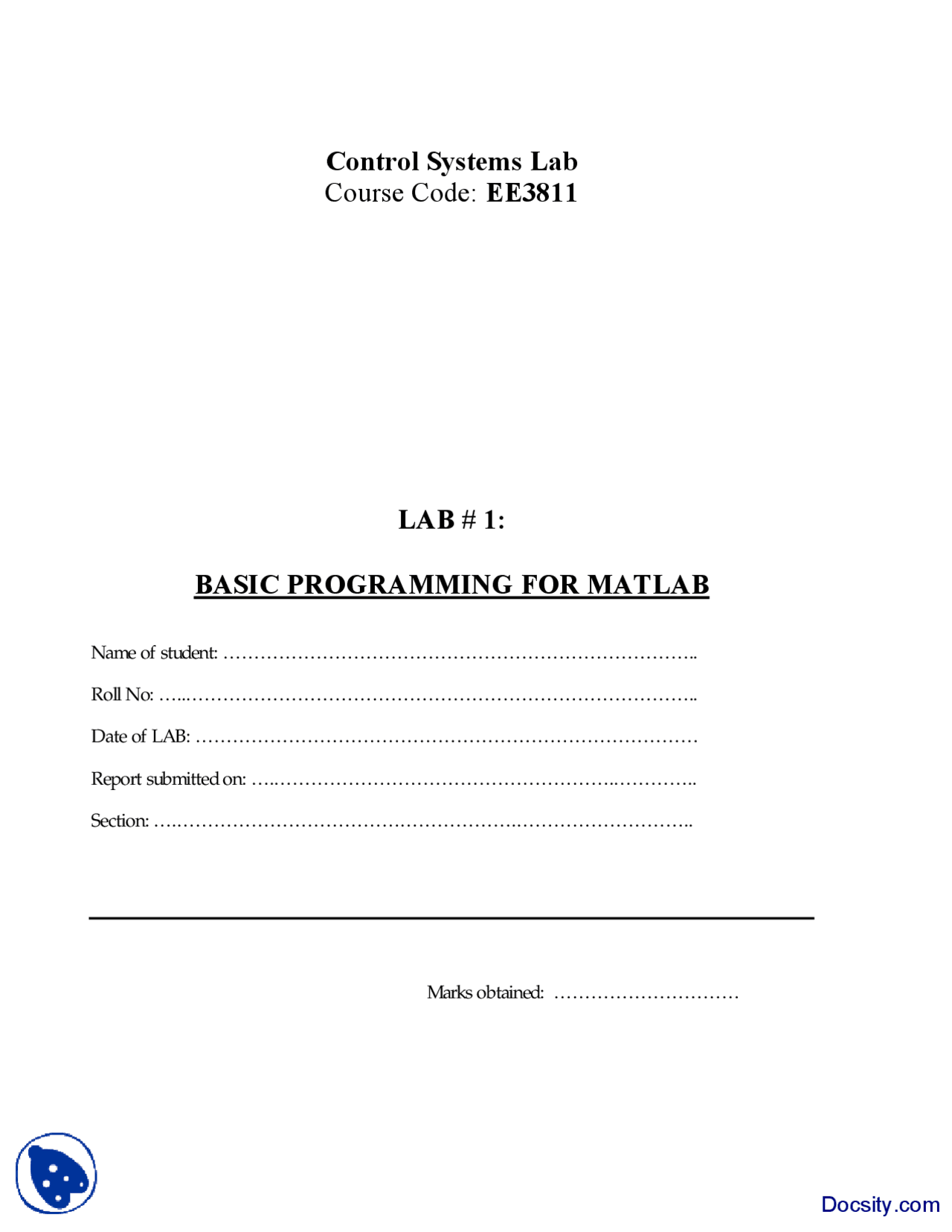 Basic Programming For Matlab Control Systems Lab Mannual Docsity