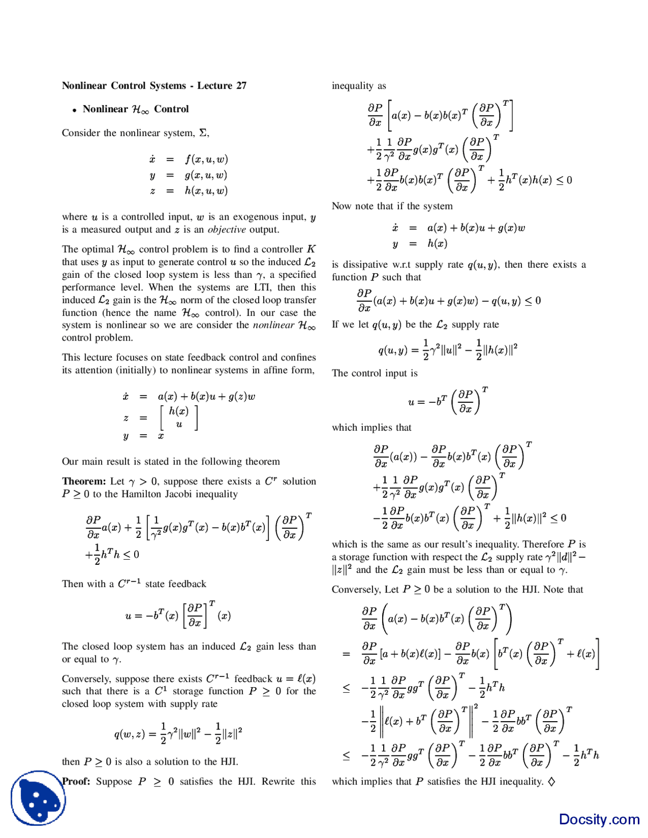 Nonlinear Control Control Of Non Linear Systems Handout Exercises Nonlinear Control Systems