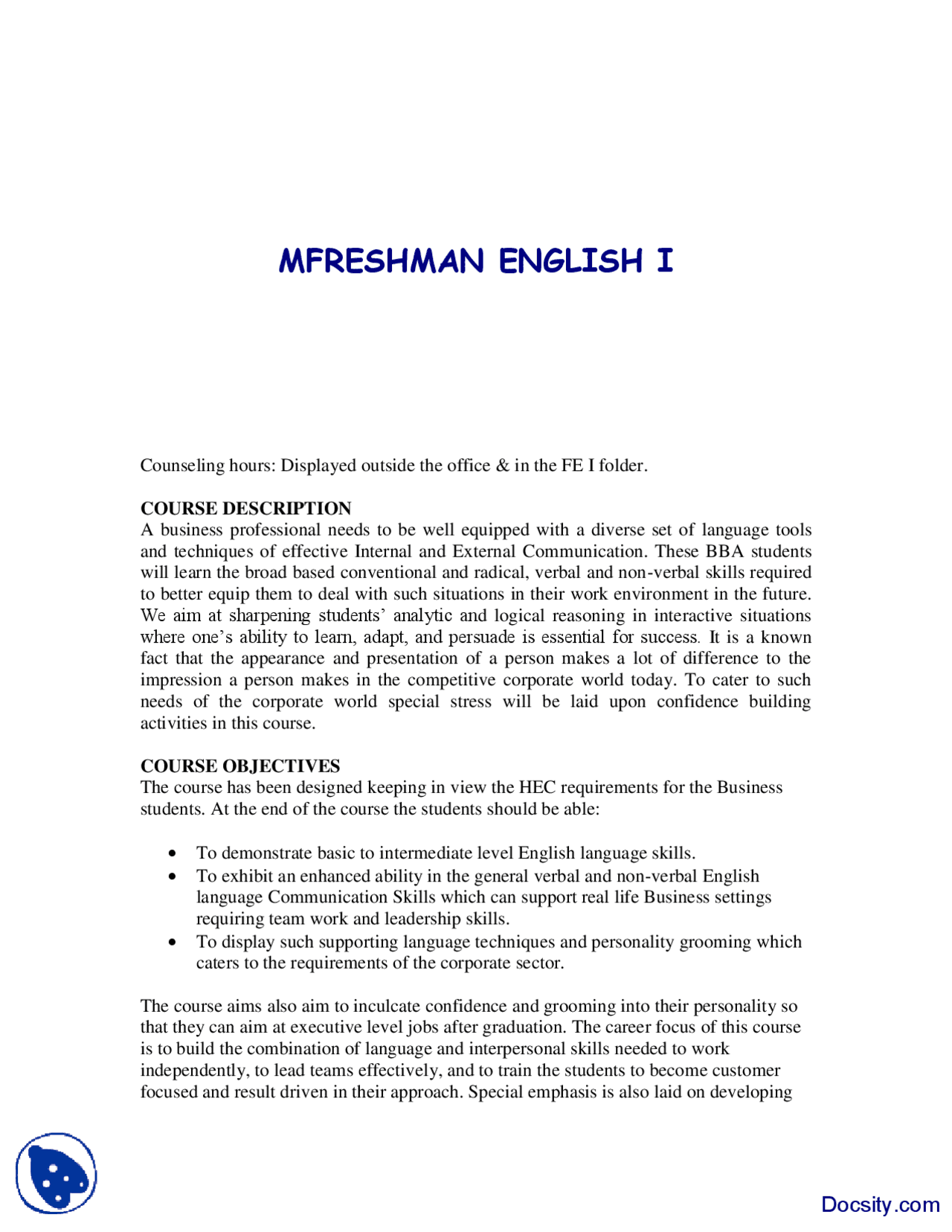 Freshmen English 1 Course Outline-Business Communication-Course Outline ...