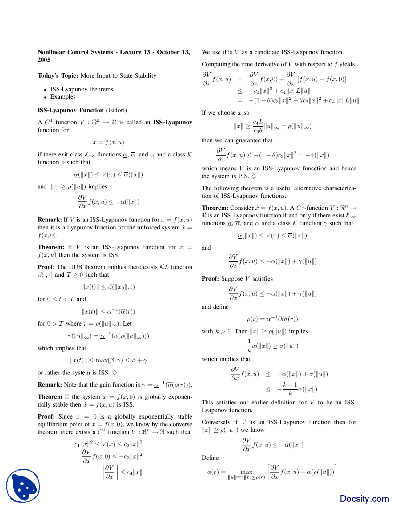Iss Lyapunov Function Analysis Of Non Linear Control Systems Handout