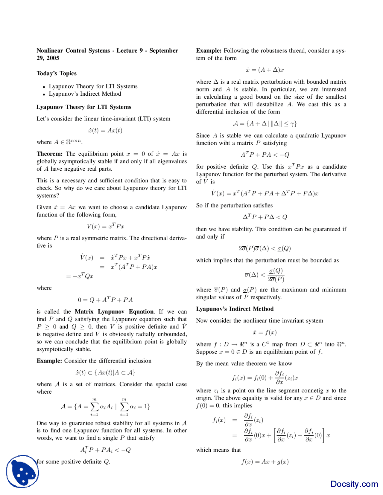 Lyapunovs Indirect Method Non Linear Control Systems Handout Docsity