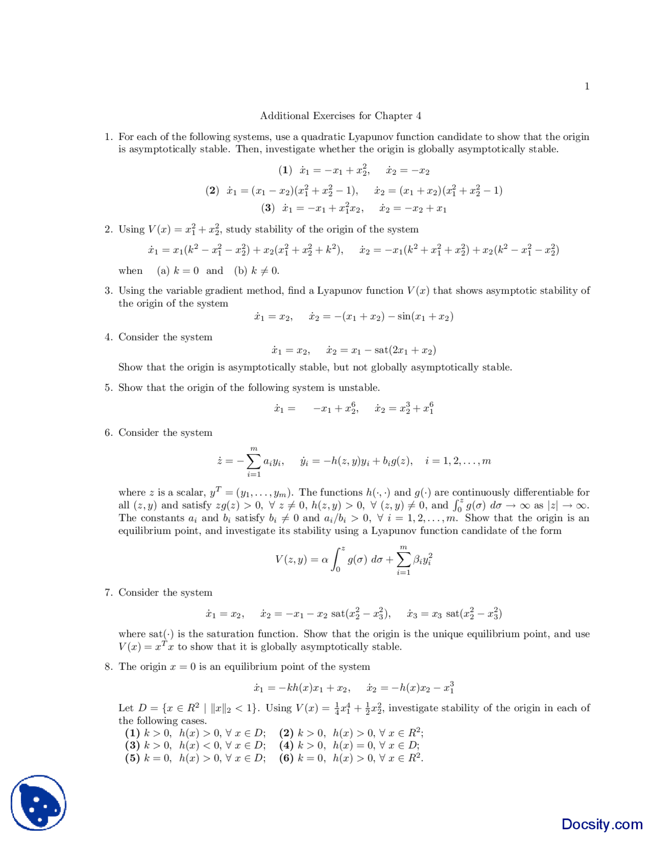 Lyapunov Function Non Linear Control Systems Assignment Exercises