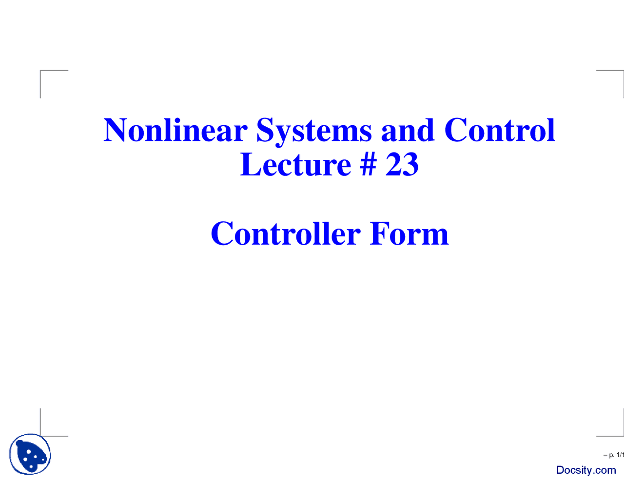 Controller Form Non Linear Systems Control And Analysis Lecture Slides
