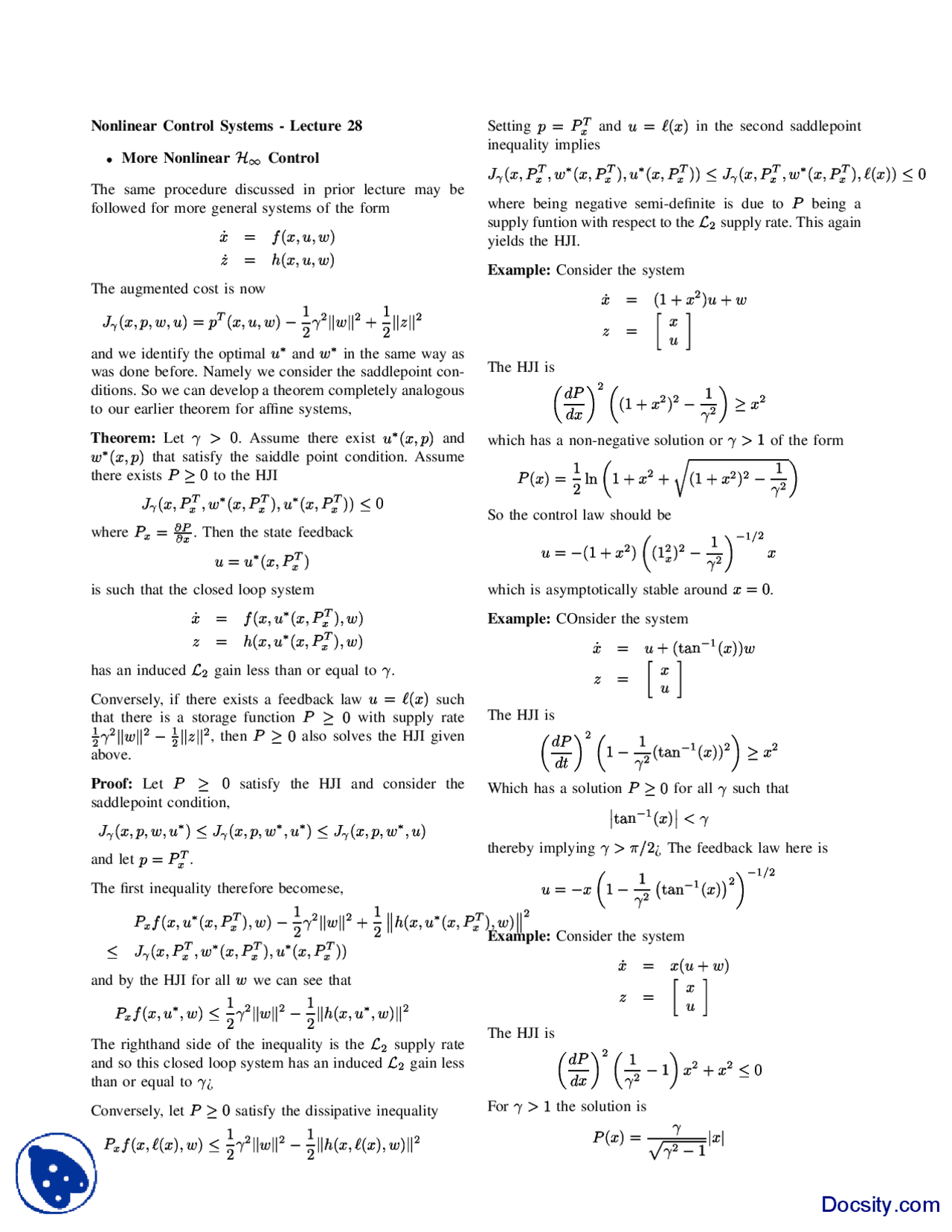 Nonlinear H Control Non Linear Control Systems Handout Docsity