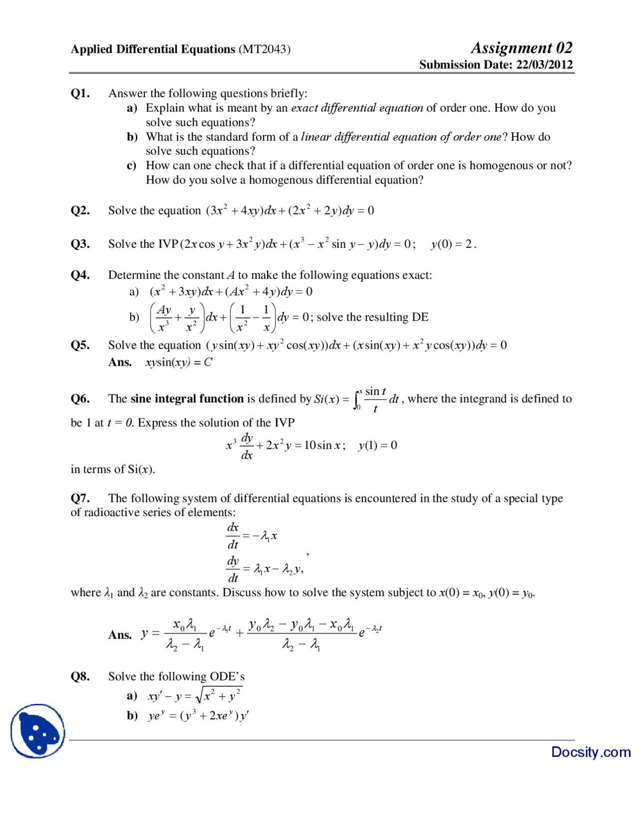 Exact Differential Equations Applied Differential Equations Assignment