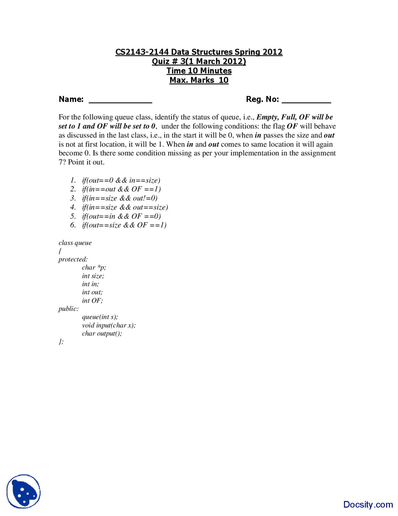 Quiz #3 in CS2143-2144 Data Structures Spring 2012 | Exercises Data ...