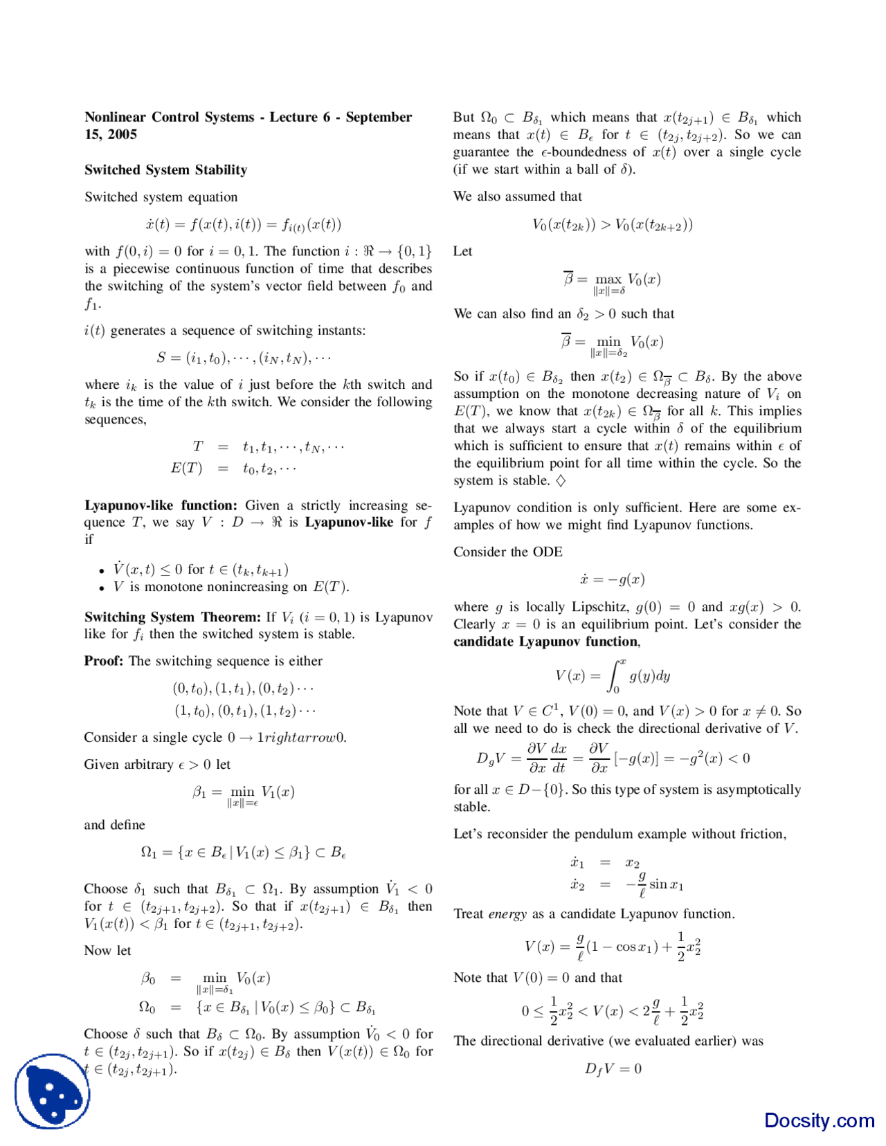 Switched System Stability-Stability of Non Linear Control Systems-Handout - Docsity