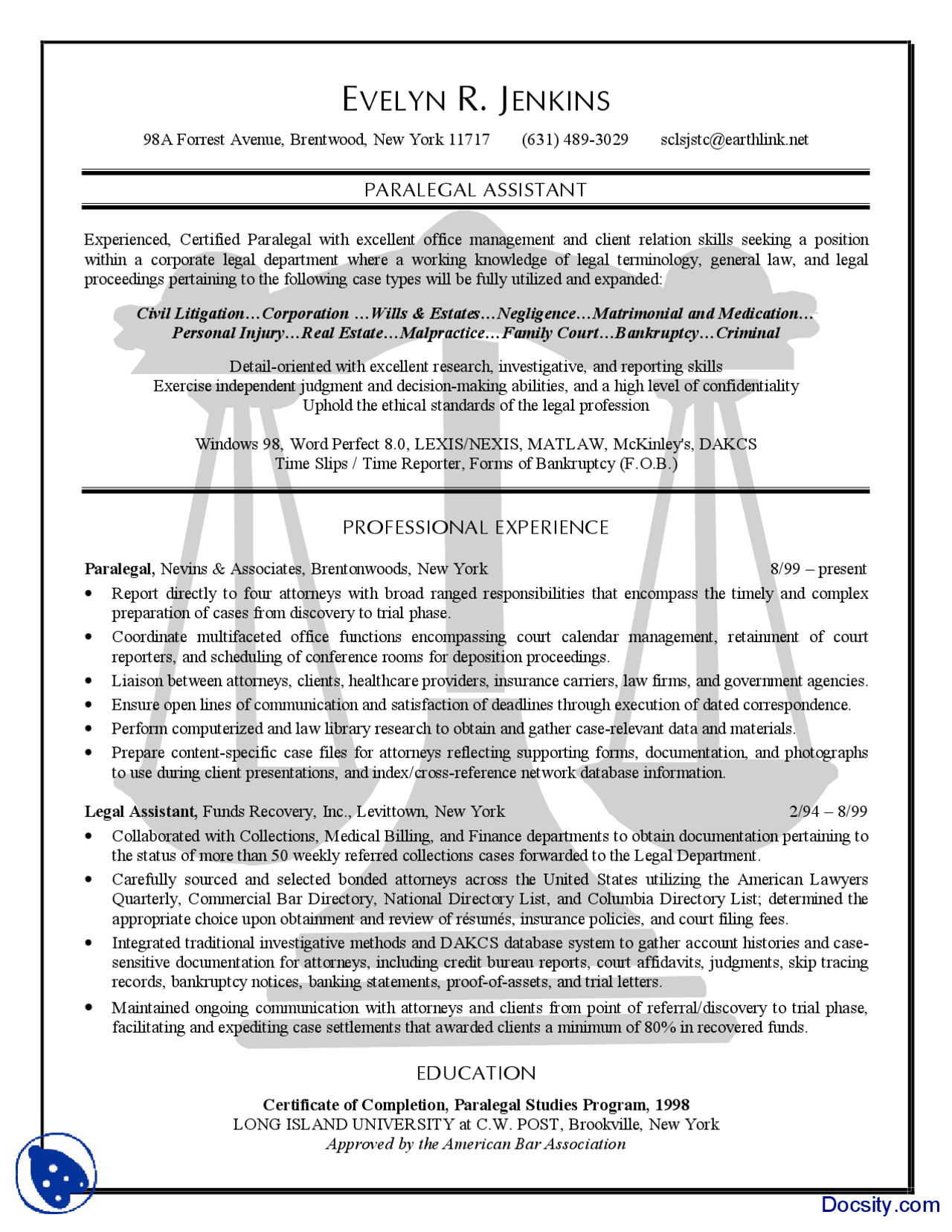 Paralegal Assisstants Cv Communication In Business Lecture Handout