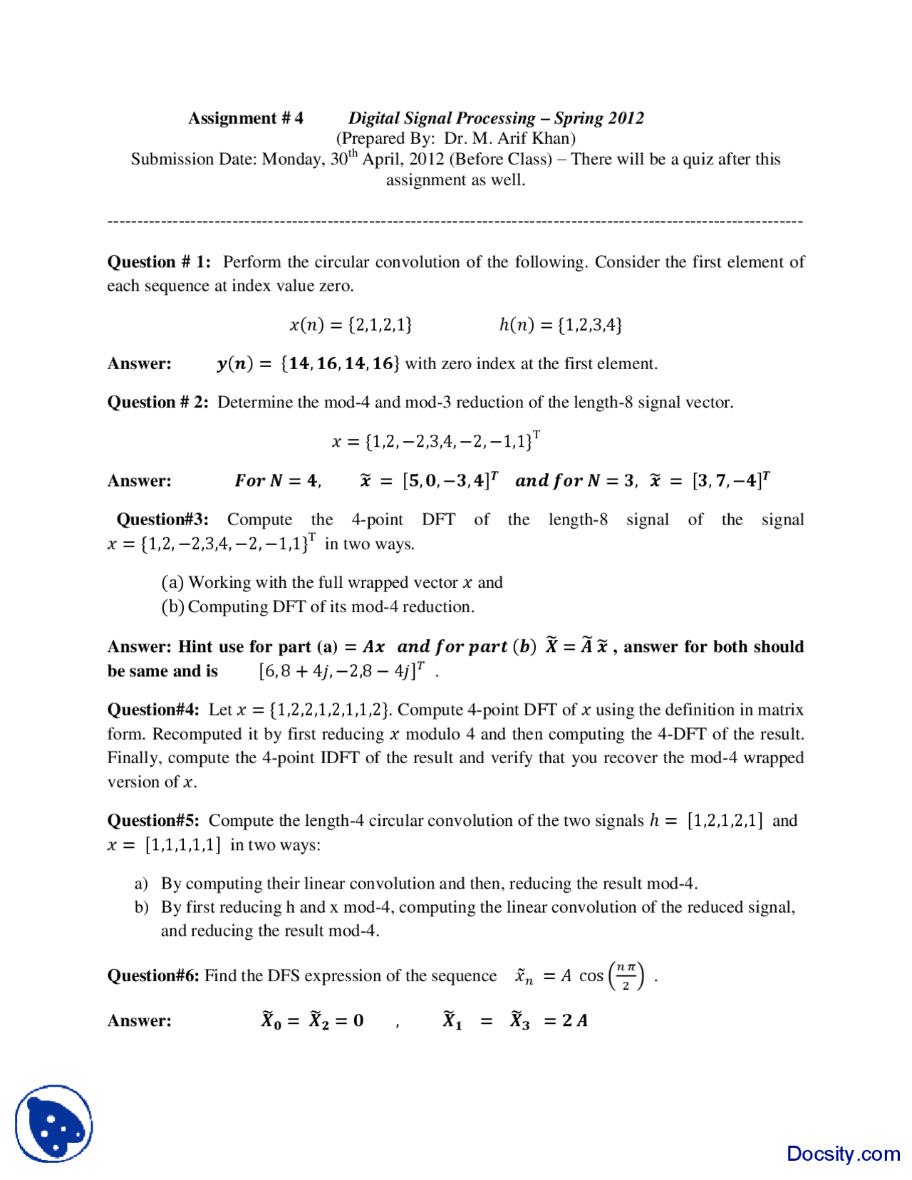 Circular Convolution Processing Digital Signals Assignment Docsity