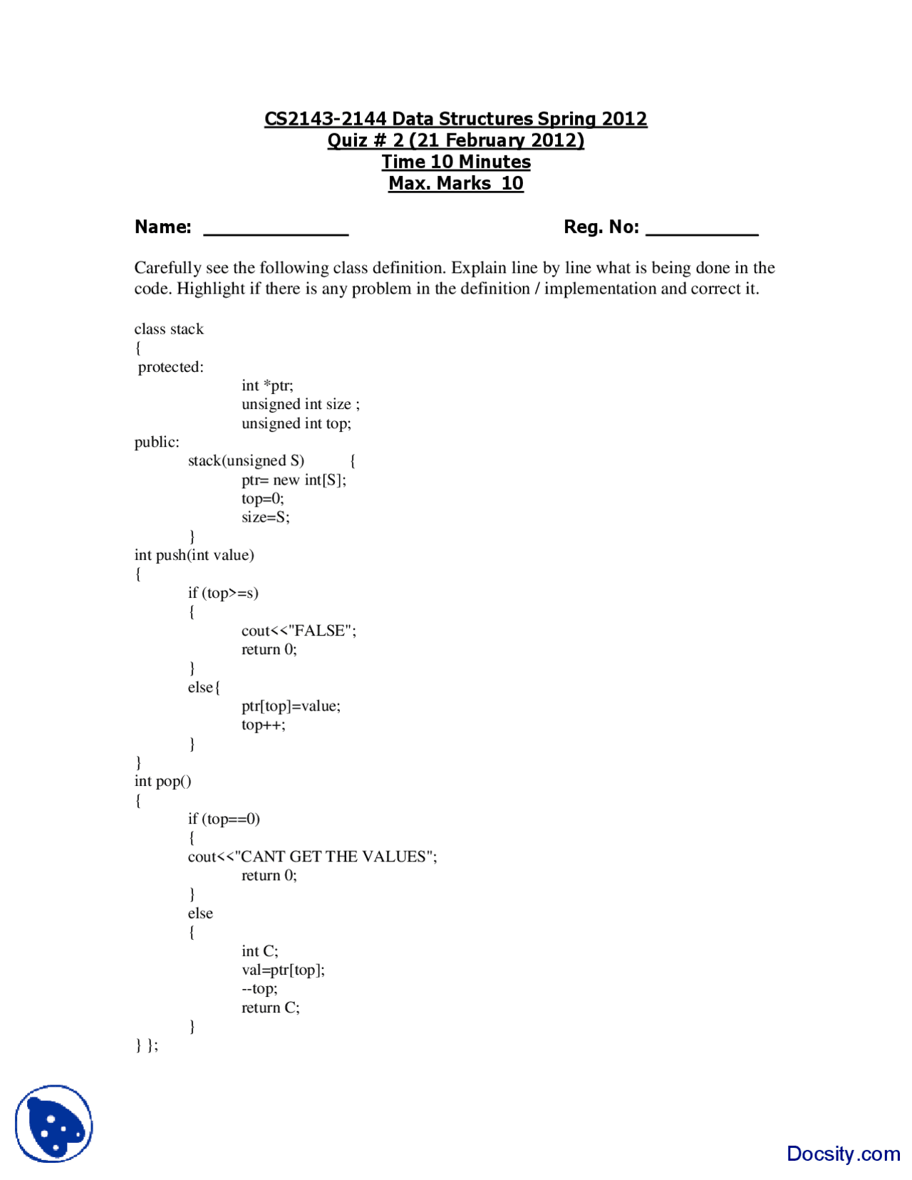 Class Definition Data Stucture Programming Quiz Docsity